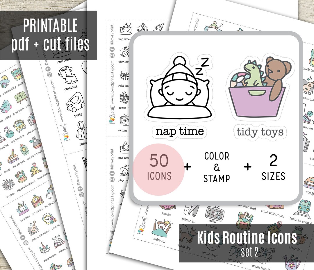 50 Kids Routine Icons Planner Stickers Set 2 , Family Icon Hand-drawn ...