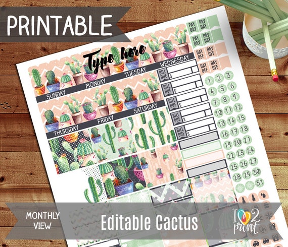 Editable Cactus Monthly View Printable Planner Stickers Erin | Etsy