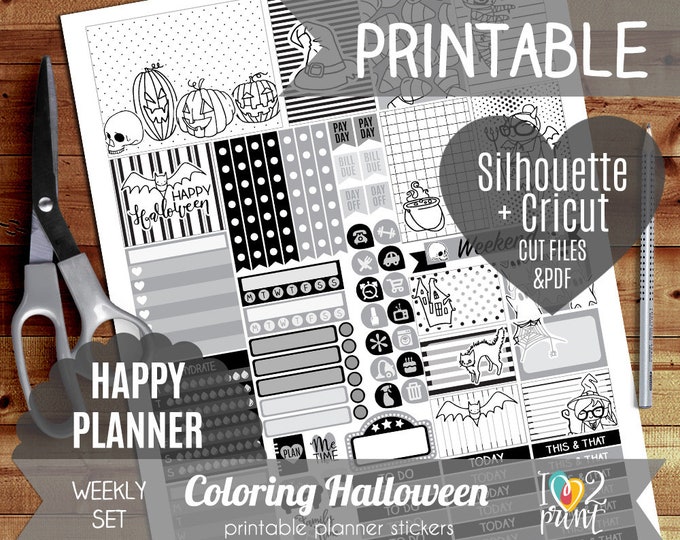 Coloring Halloween Weekly Printable Planner Stickers Happy - Etsy