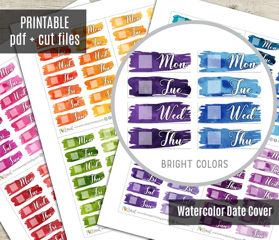 Watercolor Date Covers Planner Stickers, BRIGHT Color Printable Planner ...