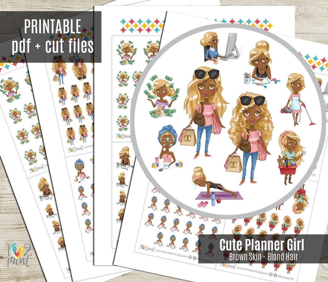 Cute Planner Girl Stickers, Brown Skin Blond Hair Set1 Printable ...