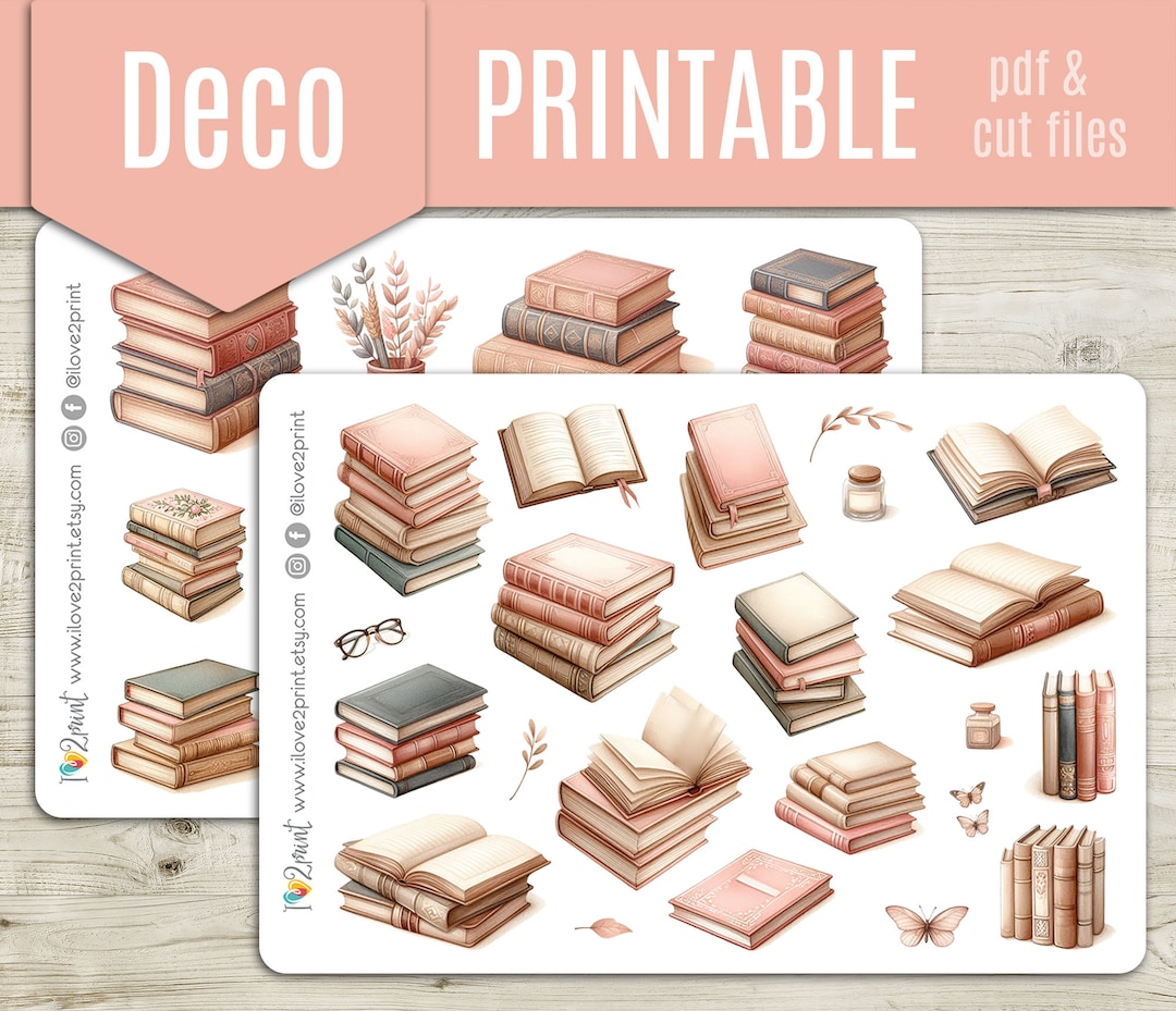 Pastell Bücher Aquarell Deko Sticker, dekorative druckbare Aufkleber ...