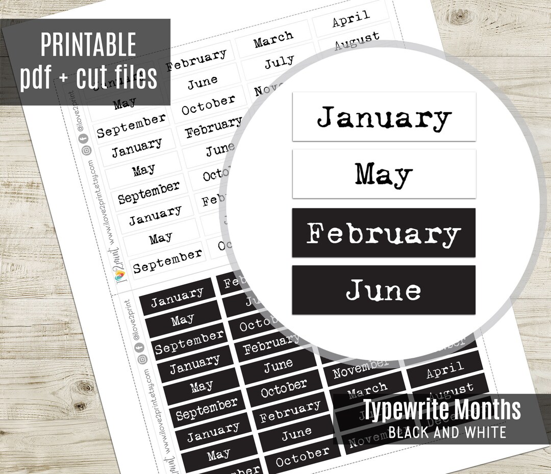 Months Typewrite Planner Stickers Black and White, Month Script ...