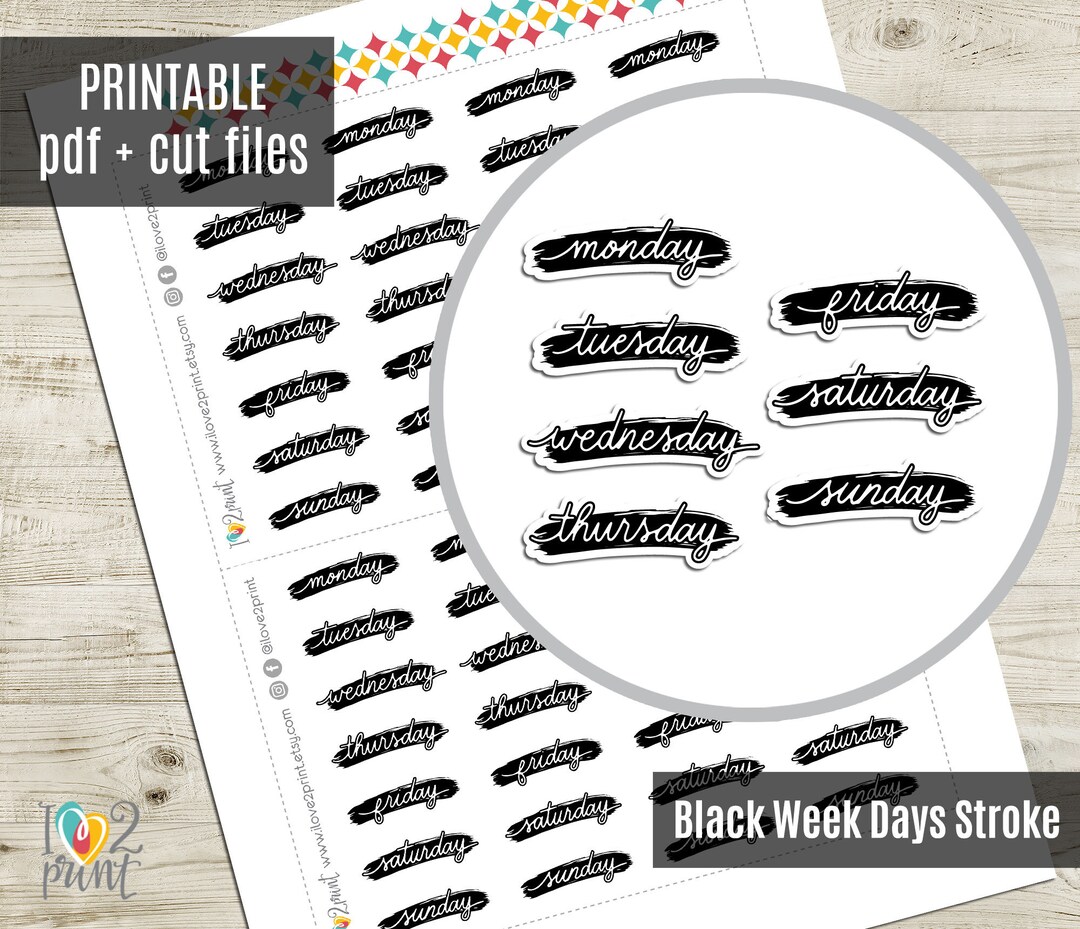 Week Days Planner Stickers, Black Brush Days of the Week Hand-drawn ...