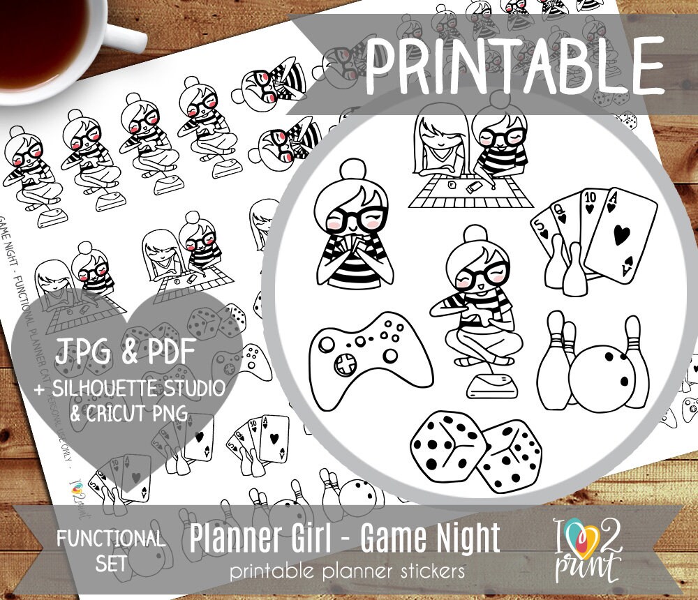 Planner Girl Game Night Printable Planner Stickers Character | Etsy