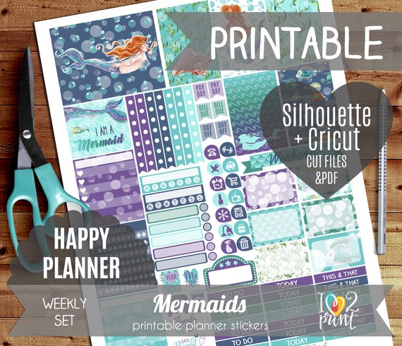 Mermaid Watercolor Weekly Printable Planner Stickers Happy | Etsy