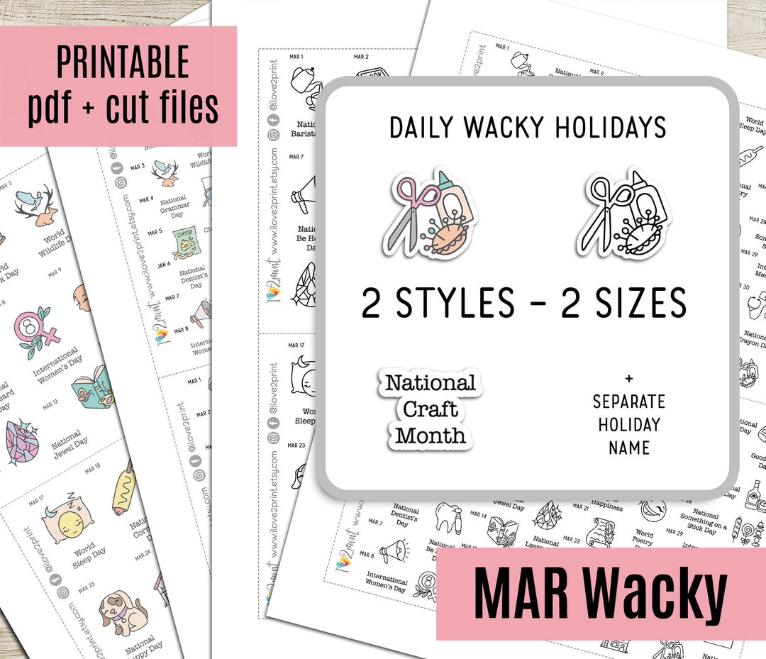 MARCH Daily Wacky Holidays Icons Planner Stickers, Hand-drawn Printable ...
