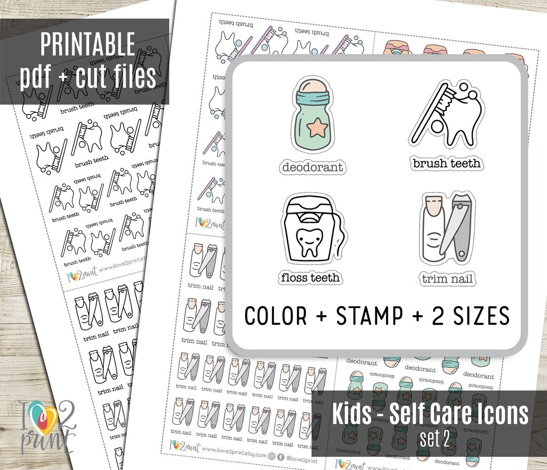 Kids Self Care Icons Planner Stickers Set 2, Hand-drawn Printable ...