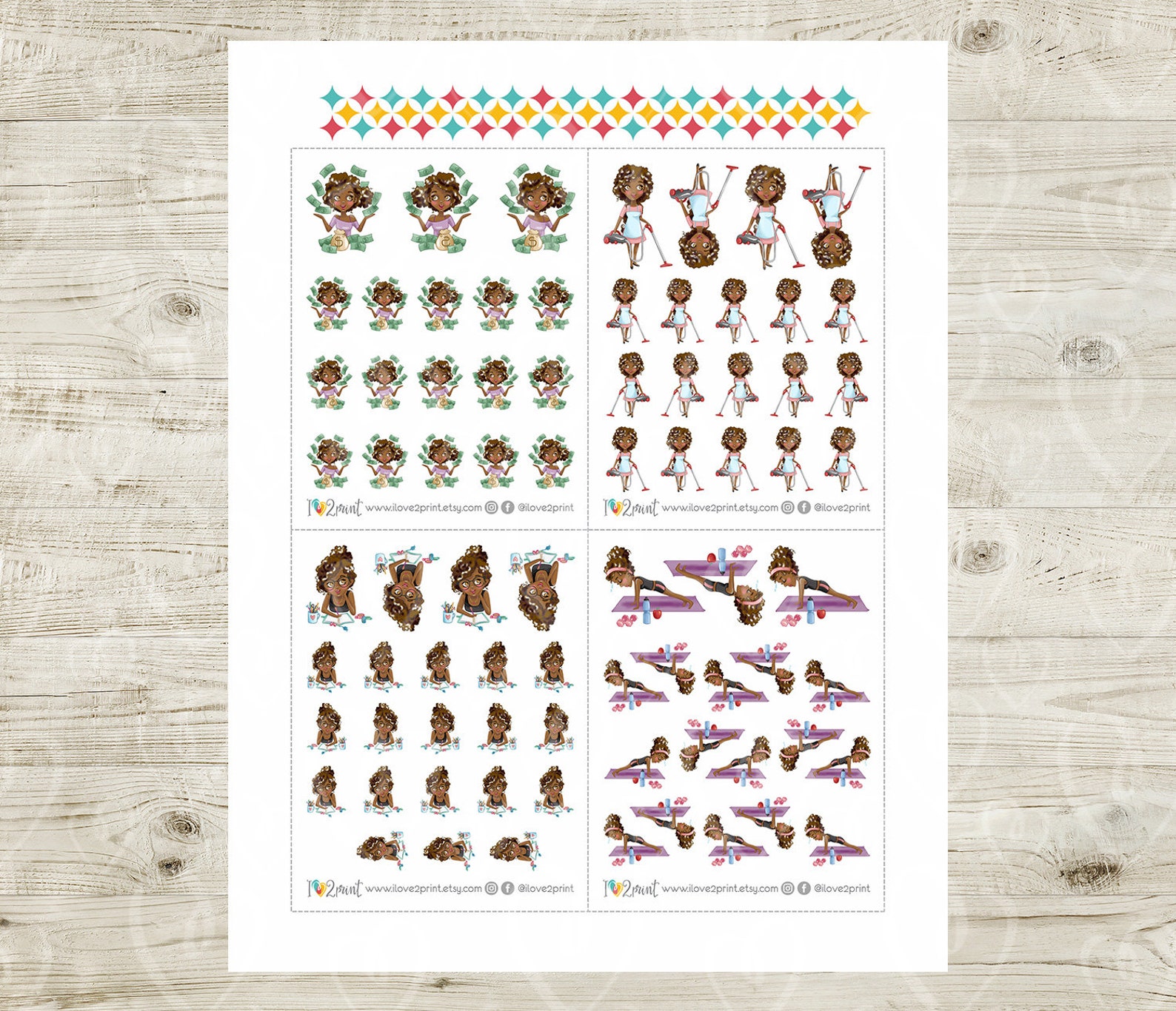 Cute Planner Girl Stickers Brown Skin Brown Hair Set1 | Etsy