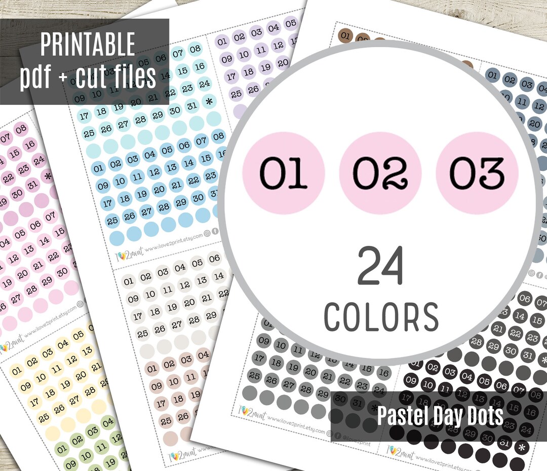 Day Dots Date Numbers Planner Stickers, PASTEL Printable Stickers, Day ...