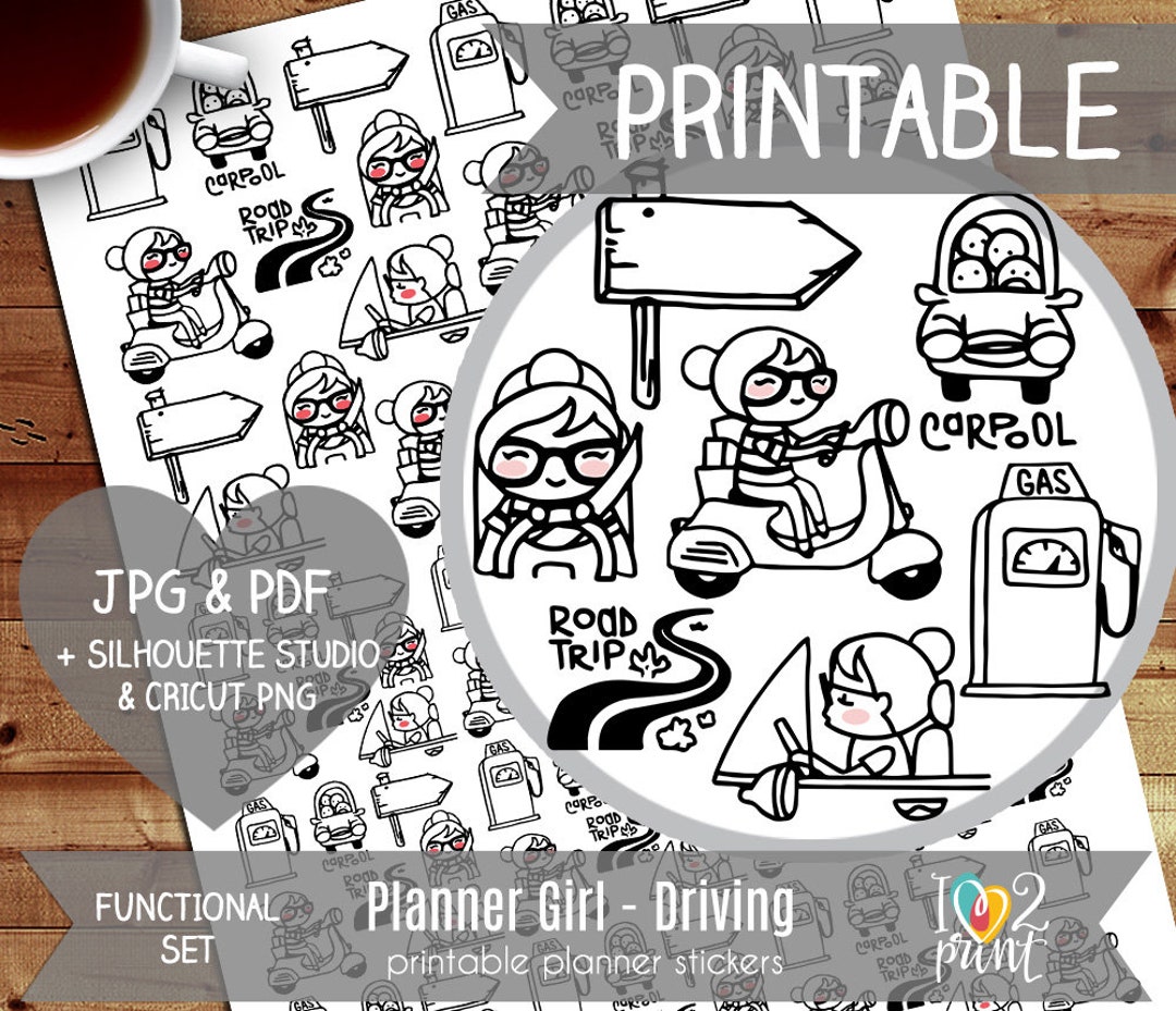 Planner Girl Driving, Carpool, Road Trip Printable Planner Stickers ...
