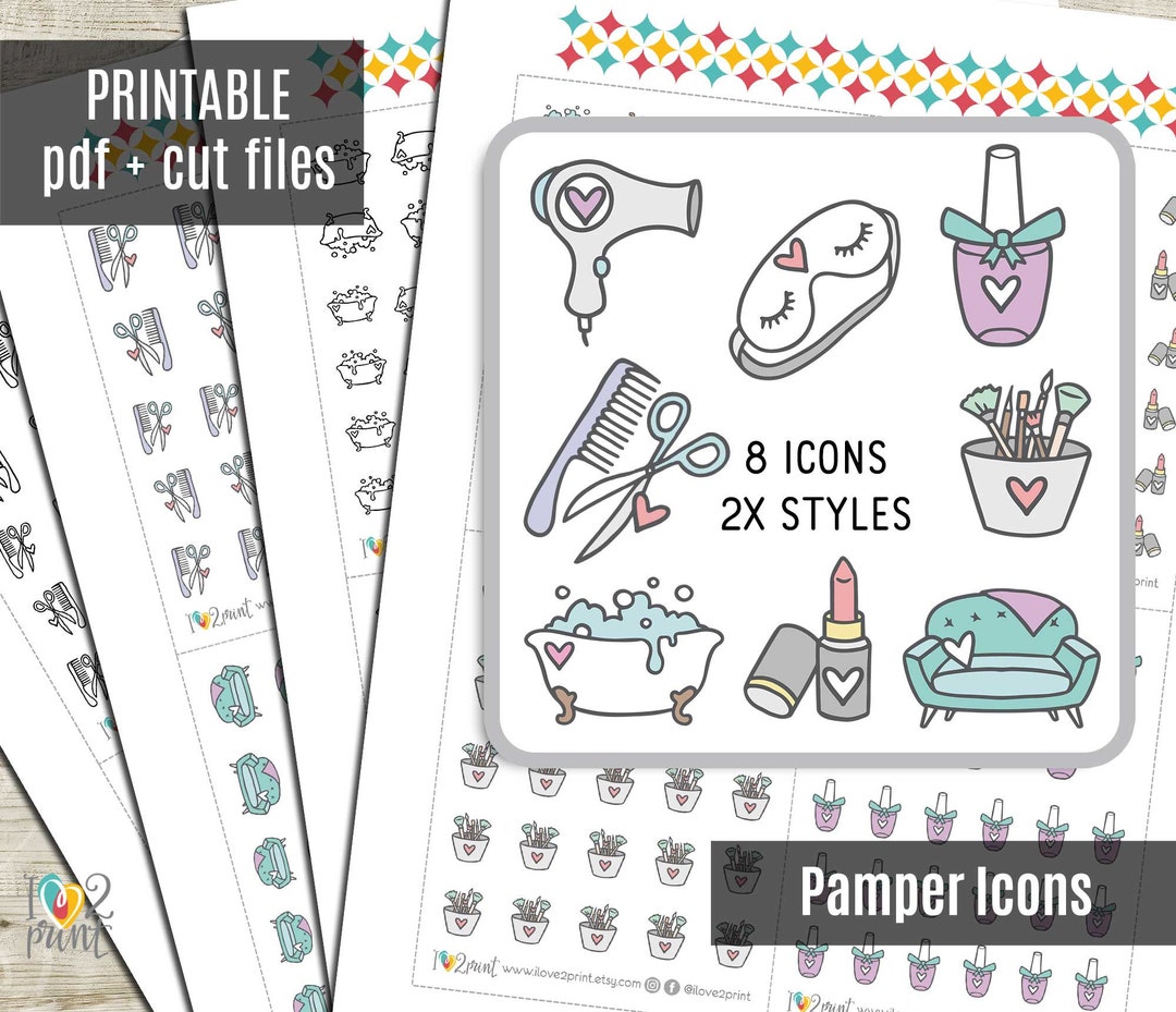 Pampering Doodle Icons Planner Stickers, Self Care Hand-drawn Printable ...