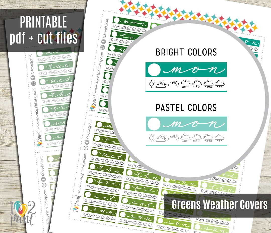 Green Date Cover Planner Stickers Weather Tracker Printable - Etsy