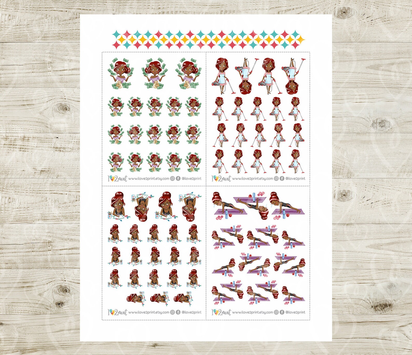 Cute Planner Girl Stickers Brown Skin Red Hair Set1 | Etsy