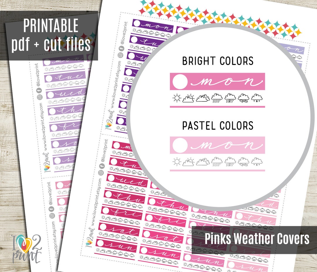 Pink Date Cover Planner Stickers, Weather Tracker Printable Stickers ...
