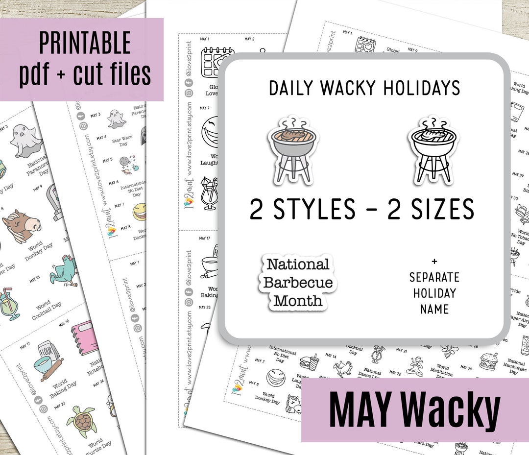 MAY Daily Wacky Holidays Icons Planner Stickers, Hand-drawn Printable ...