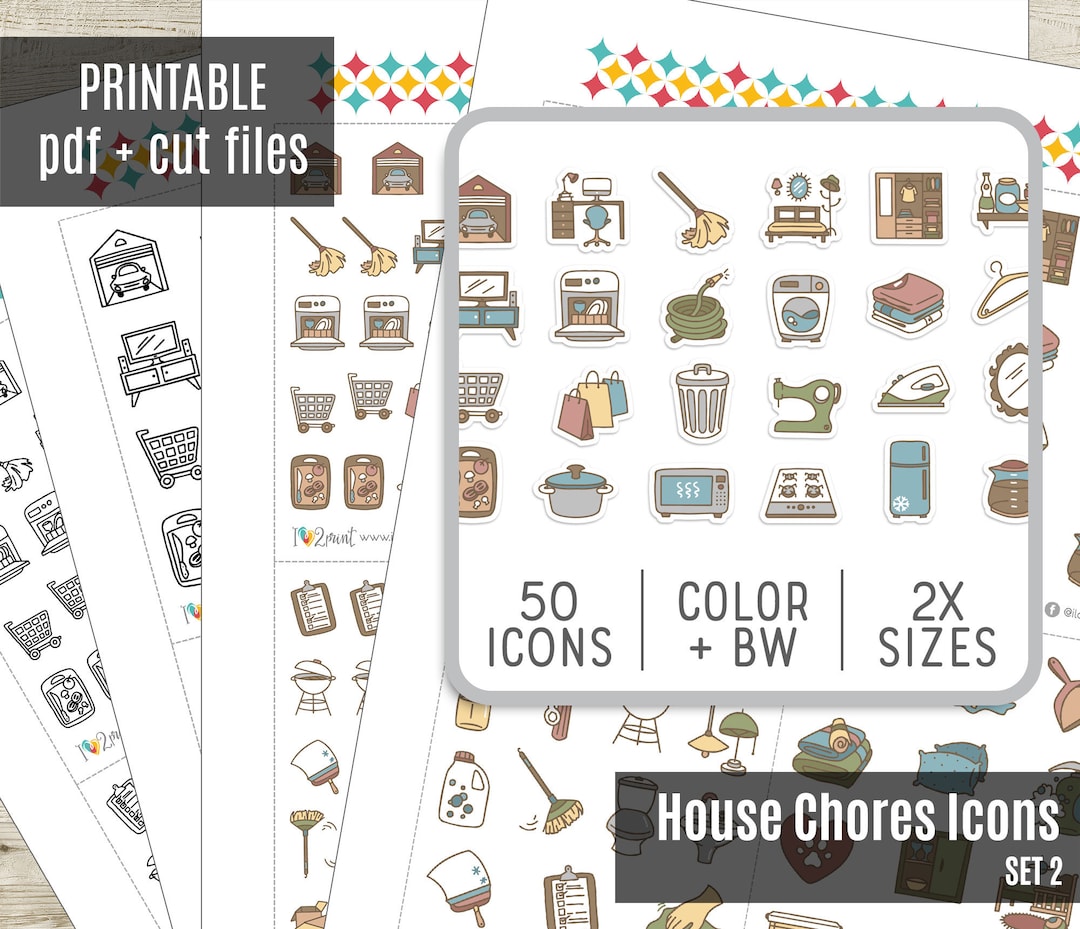 Housework Icons Planner Stickers Set 2 , Cleaning Icons Hand-drawn ...