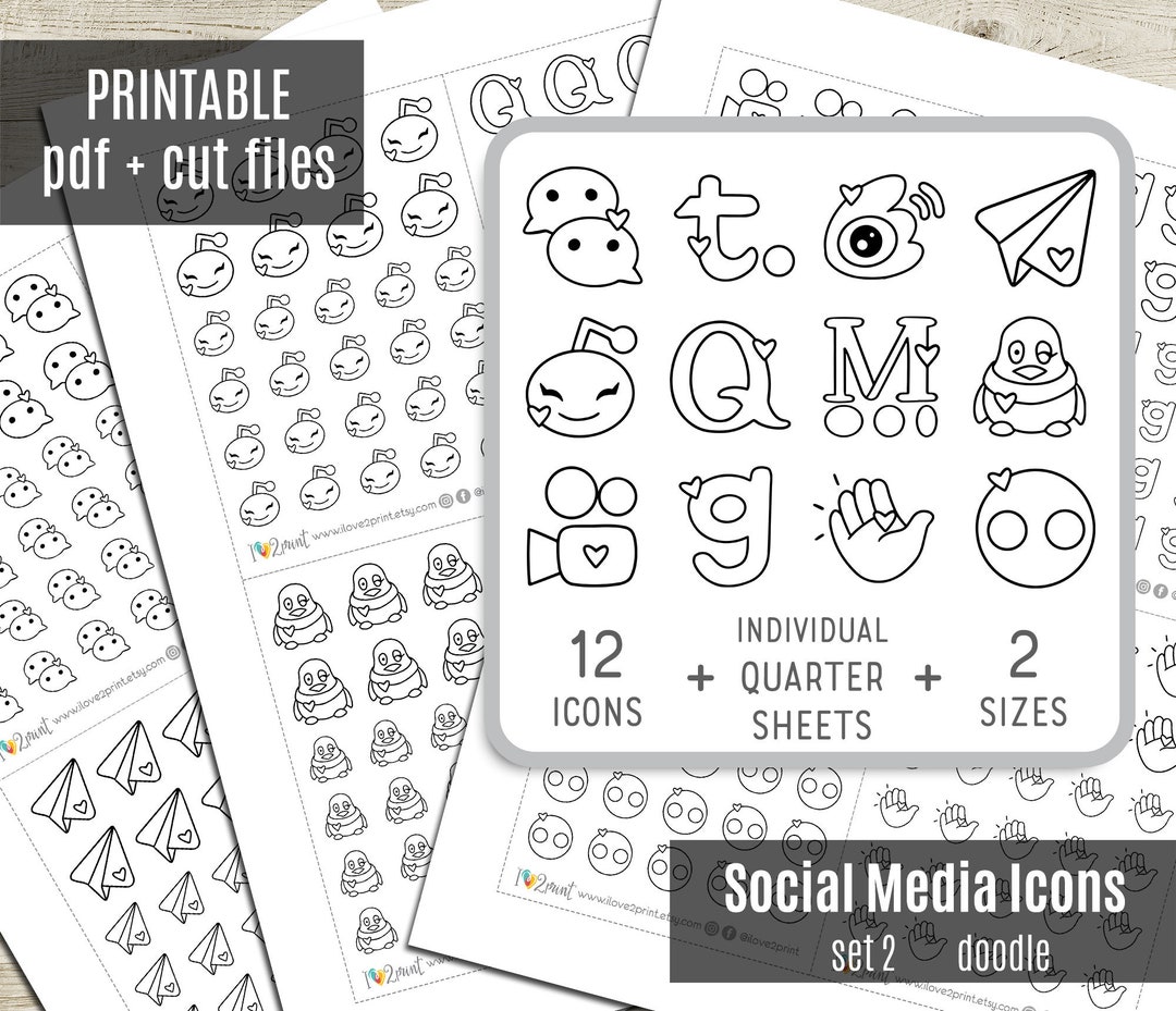 Social Media Icons Planner Stickers Set 2, STAMP Icons Hand-drawn ...