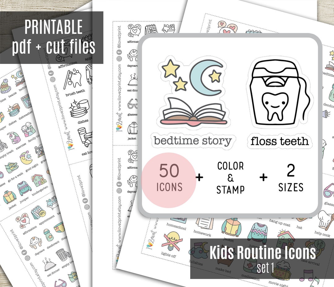 Kids Routine Icons Planner Stickers Set 1 , Family Icons Hand-drawn ...