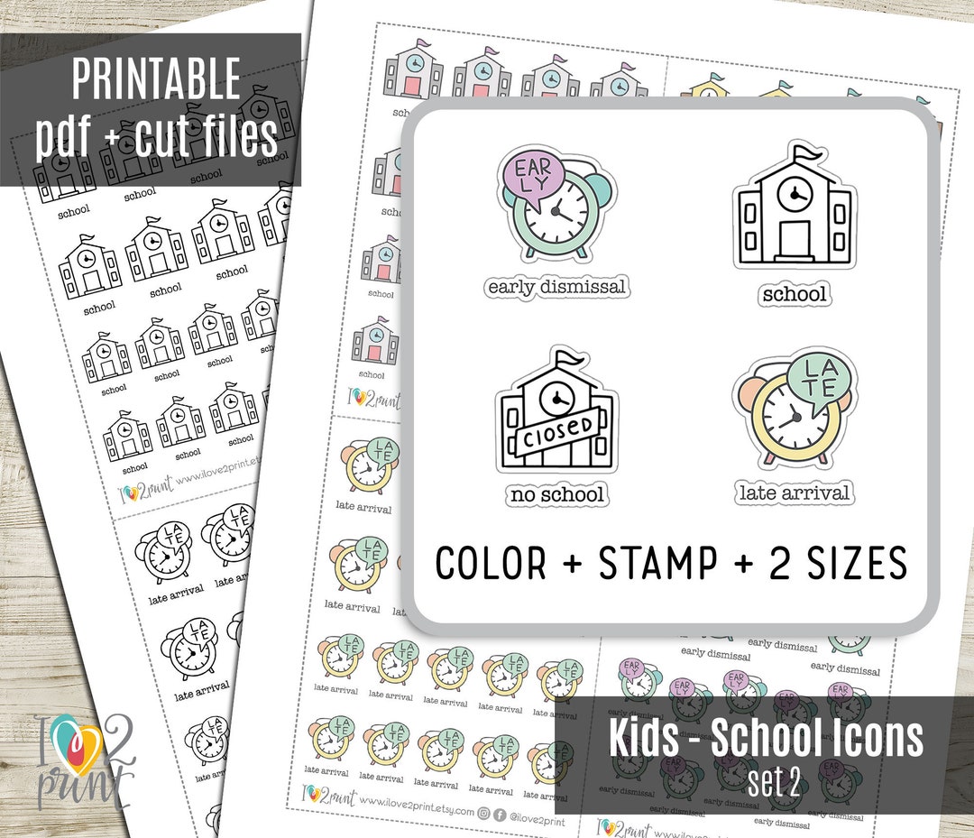 Kids School Icons Planner Stickers Set 2, Hand-drawn Printable Sticker ...