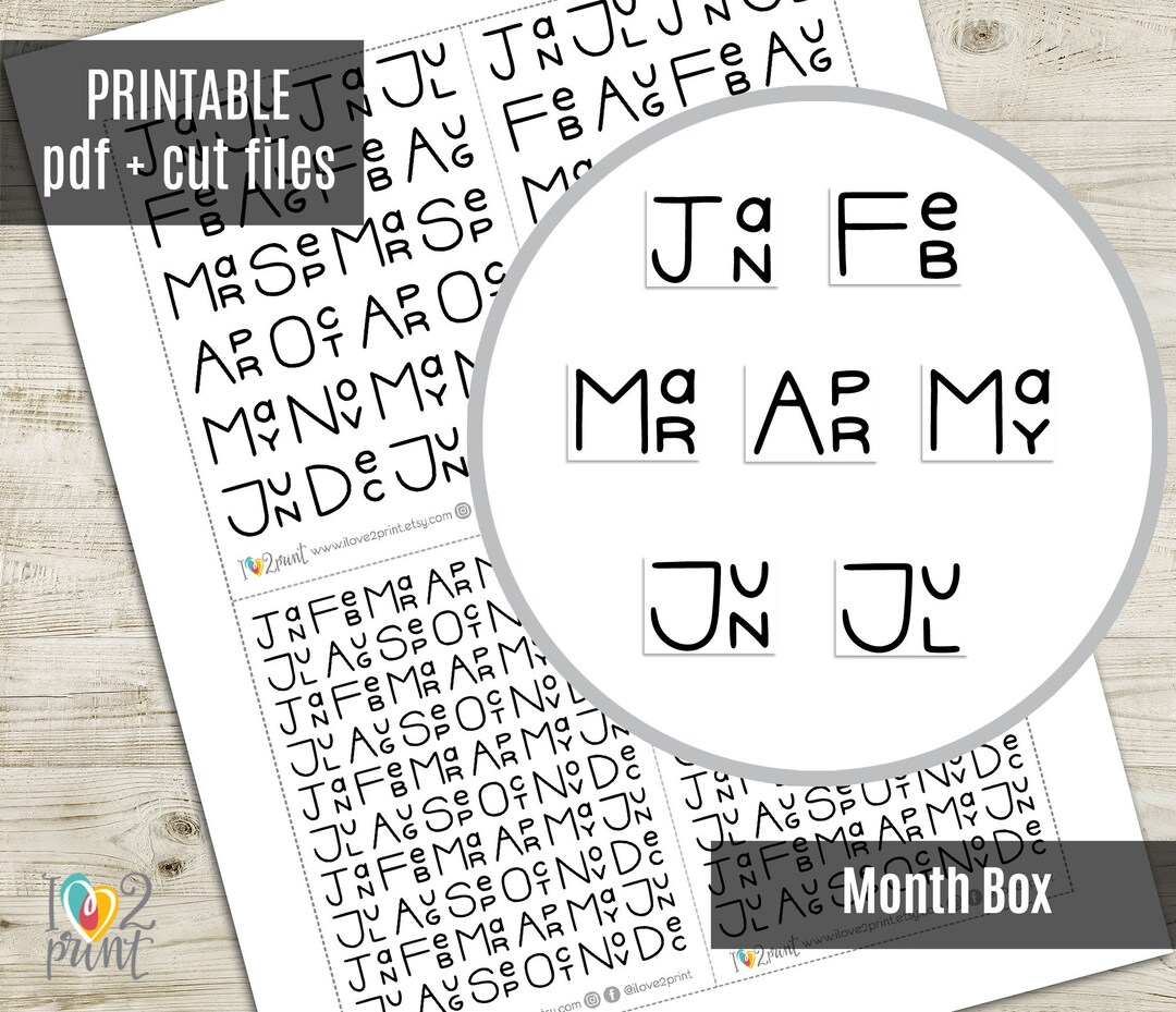 Months Boxes Planner Stickers, Box Month Script Words Printable ...