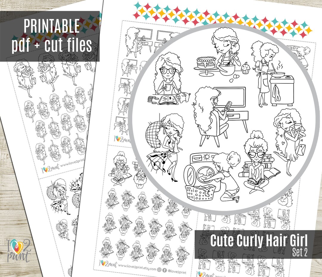Cute Planner Girl Stickers, Curly Hair, Set 2 Printable Stickers ...