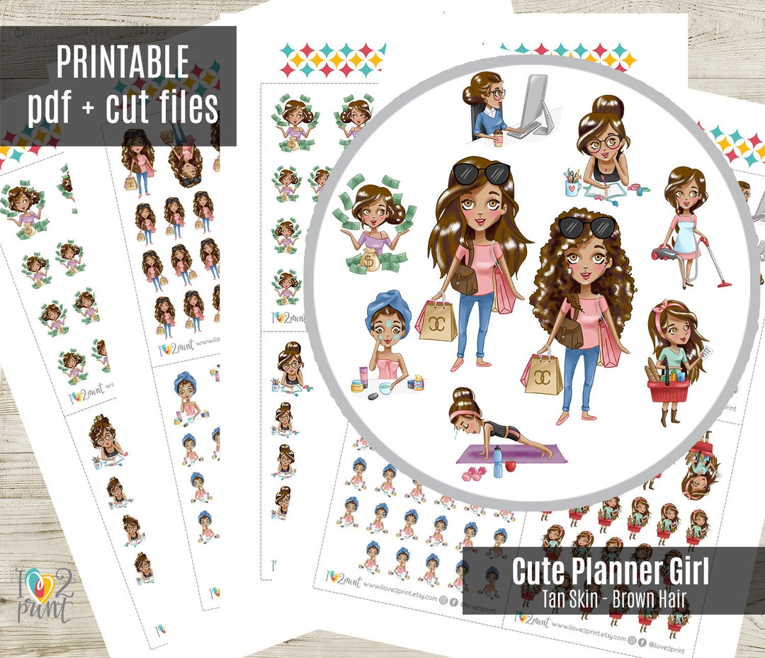 Cute Planner Girl Stickers, Tan Skin Brown Hair Set1 Printable Stickers ...