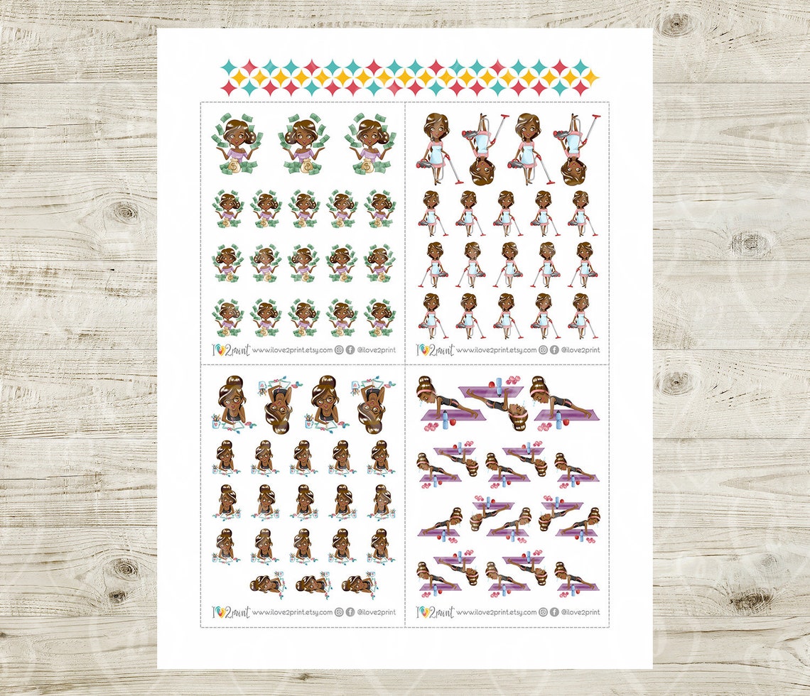Cute Planner Girl Stickers Brown Skin Brown Hair Set1 | Etsy