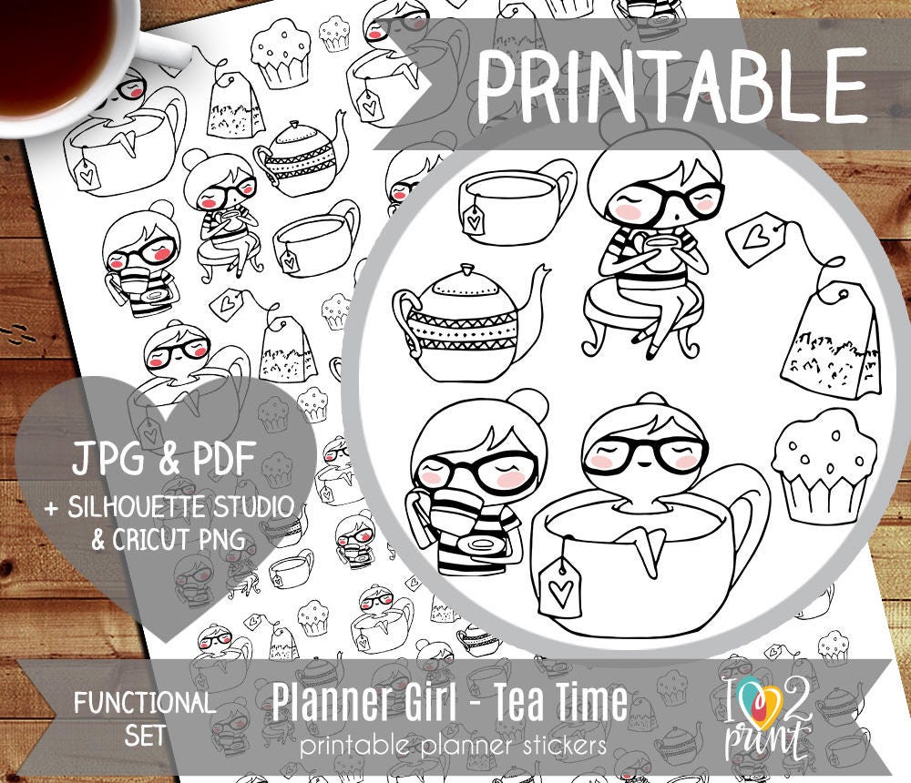 Planner Girl Tea Time Printable Planner Stickers Erin Condren | Etsy