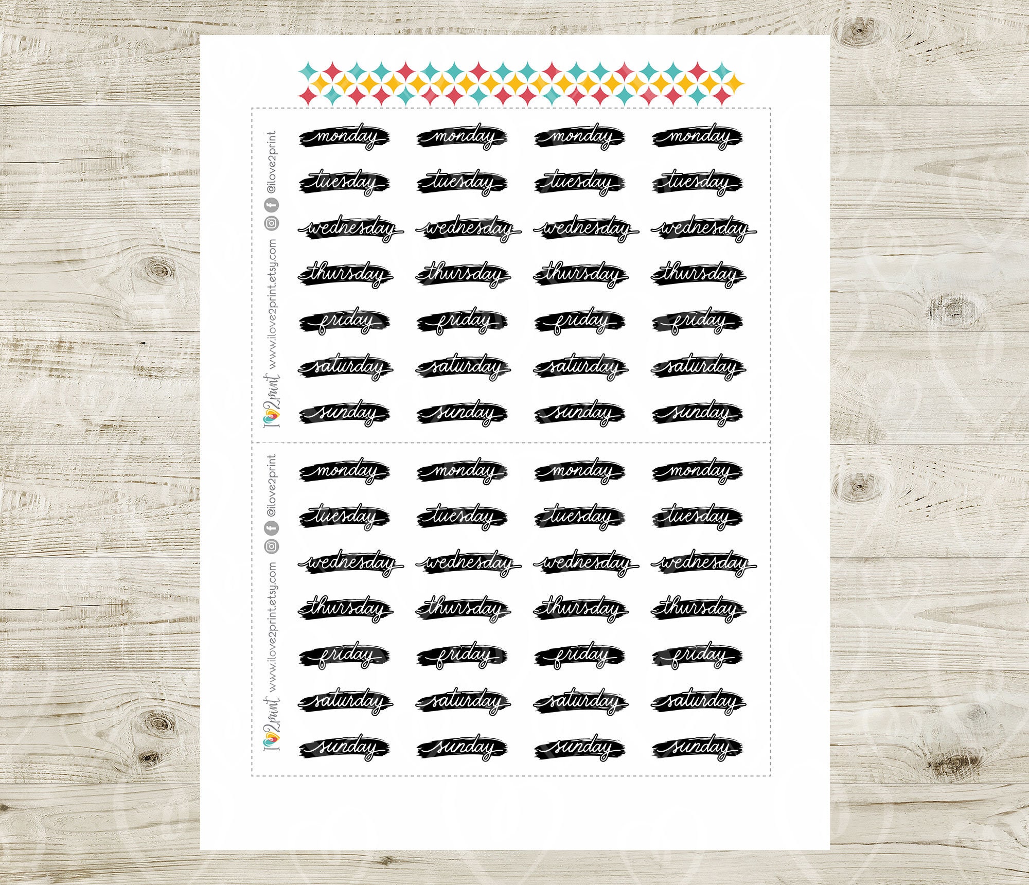 Week Days Planner Stickers Black Brush Days of the Week - Etsy