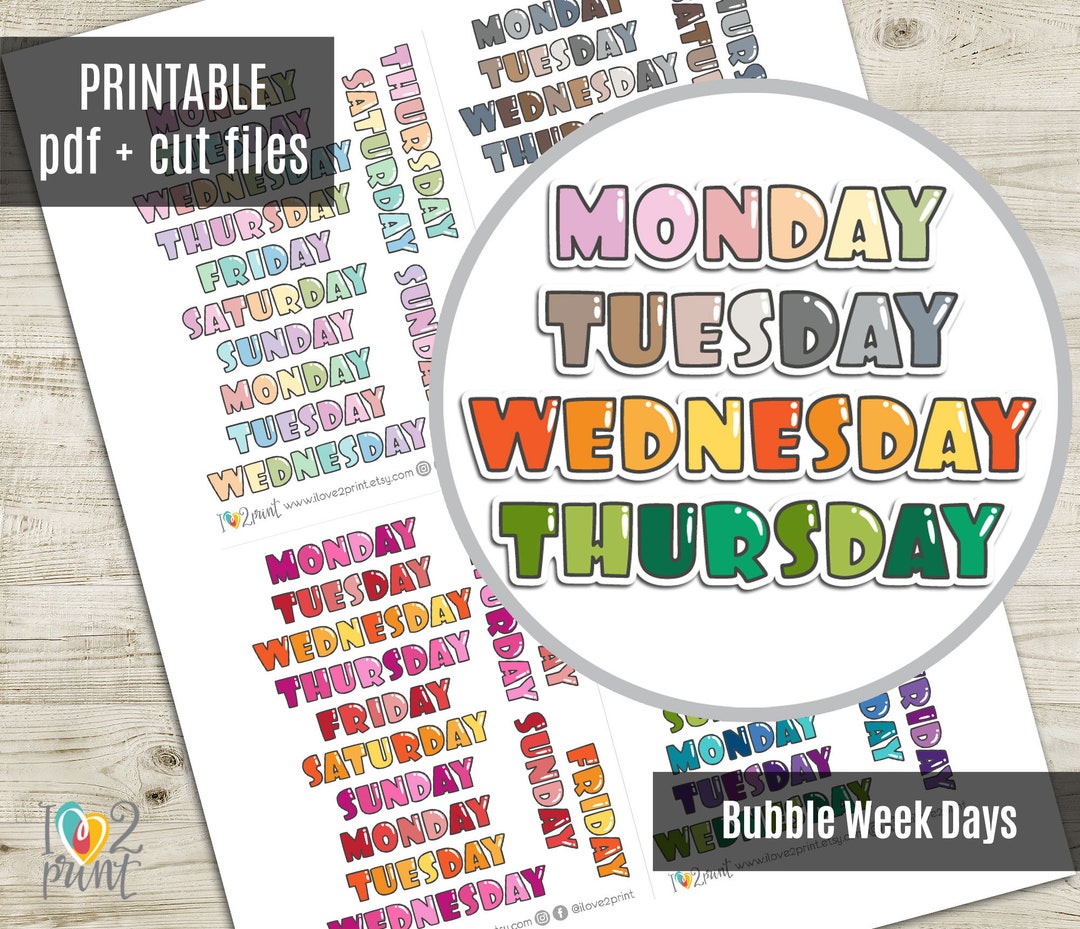 Bubble Days of Week Planner Stickers, Rainbow Fluffy Font Monthly ...