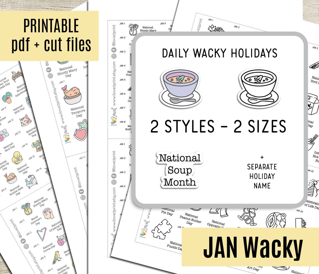 JANUARY Daily Wacky Holidays Icons Planner Stickers, Hand-drawn ...