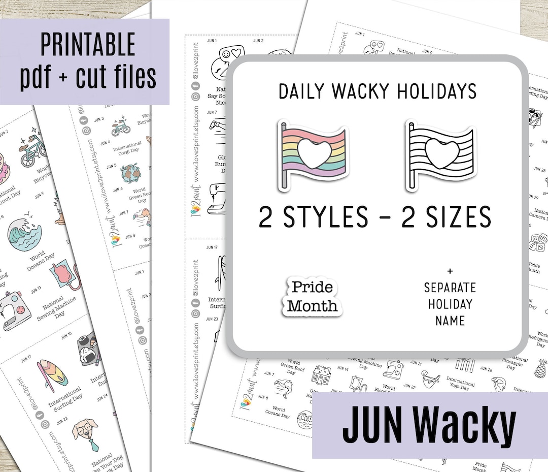 JUNE Daily Wacky Holidays Icons Planner Stickers, Hand-drawn Printable ...