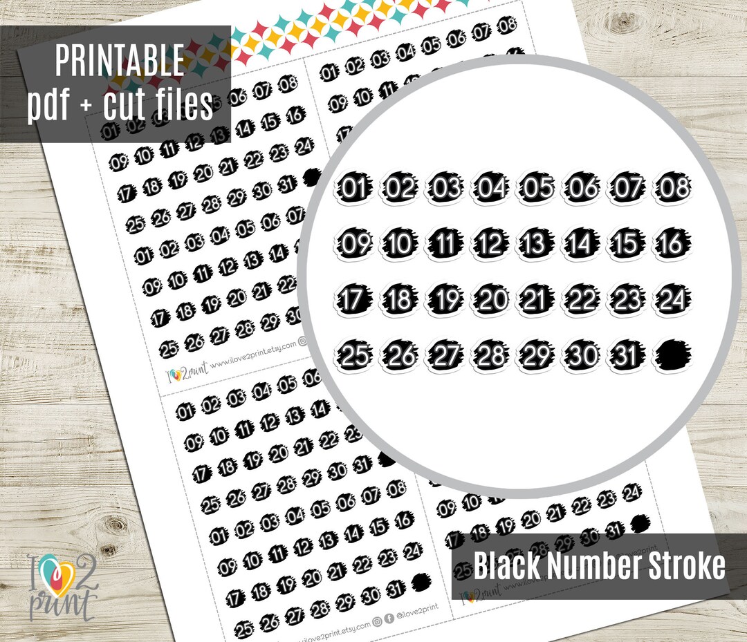 Dot Numbers Planner Stickers, Black Brush Stroke Numbers Hand-drawn ...
