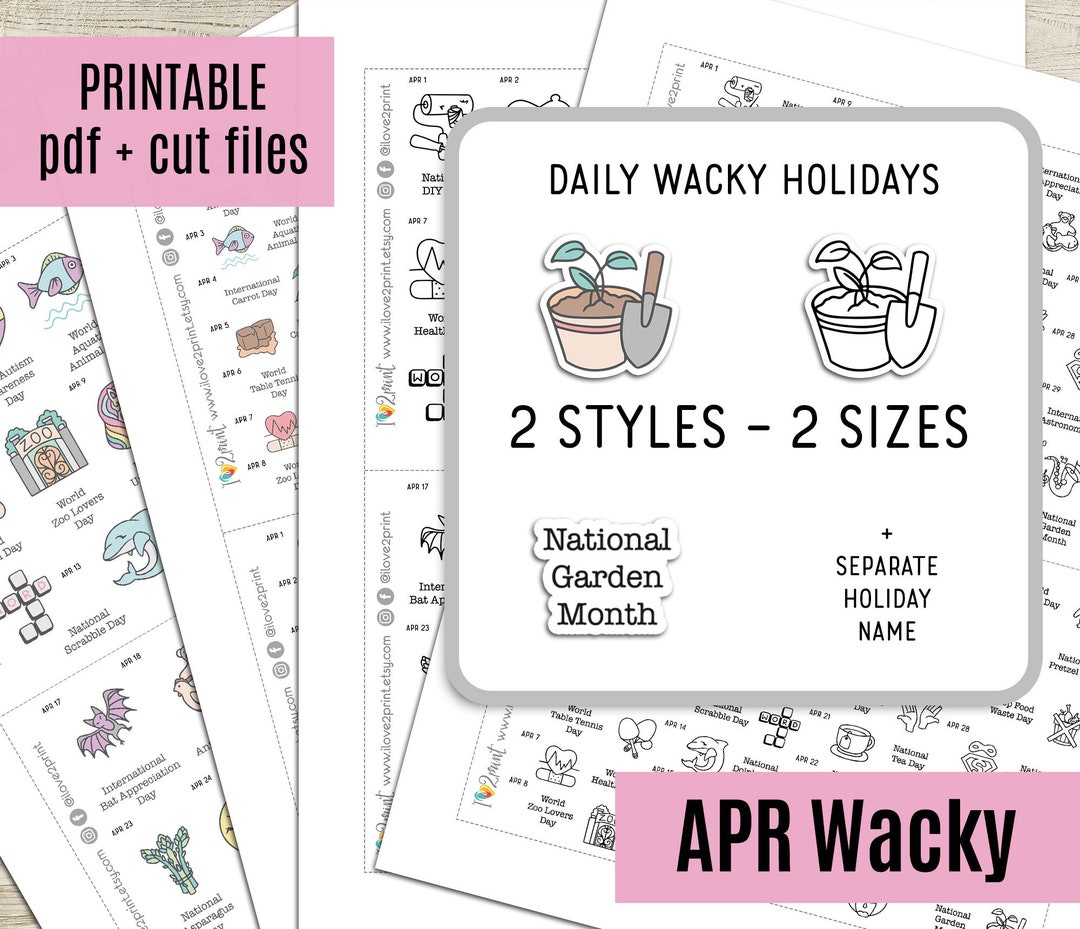 APRIL Daily Wacky Holidays Icons Planner Stickers, Hand-drawn Printable ...