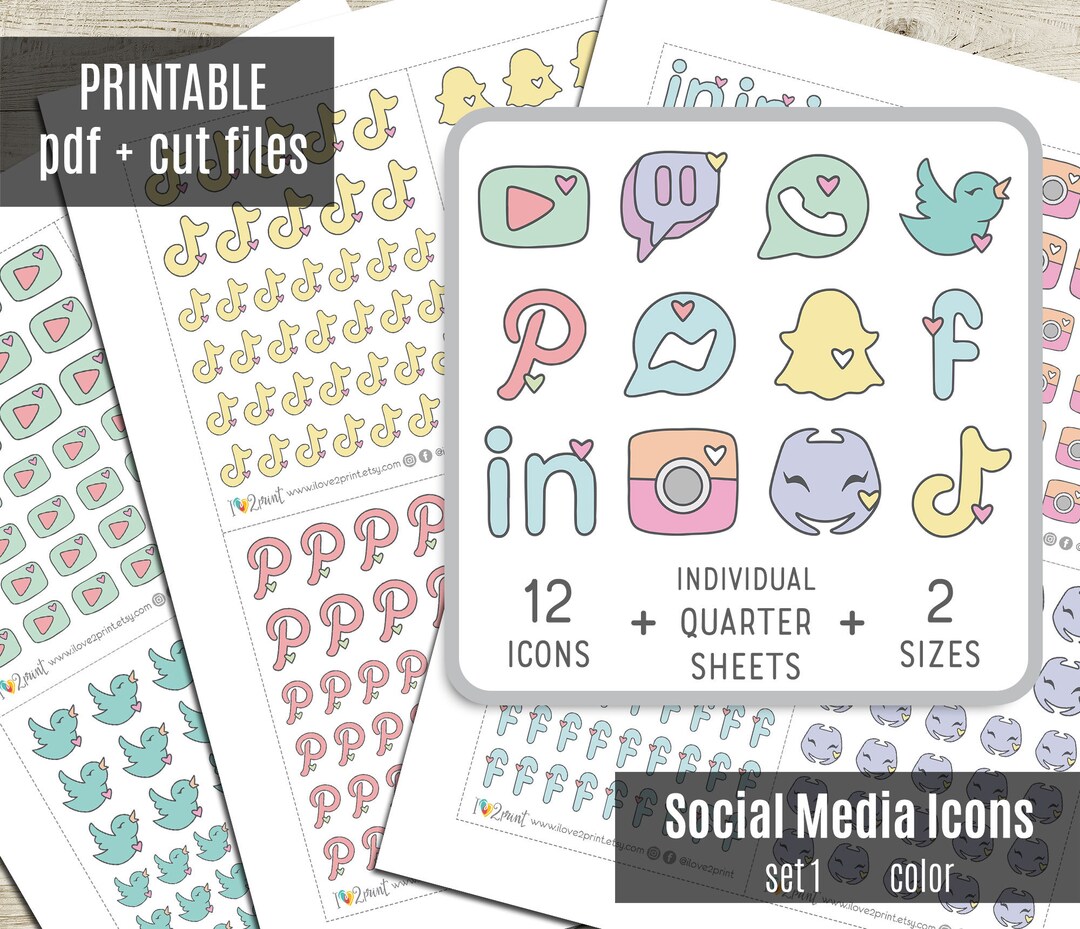 Social Media Icons Planner Stickers Set 1, COLOR Icons Hand-drawn ...