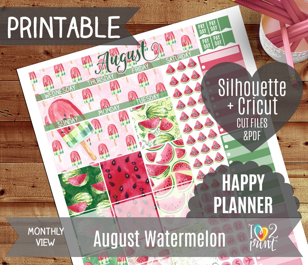 August Watermelon Monthly View Stickers Printable Planner | Etsy