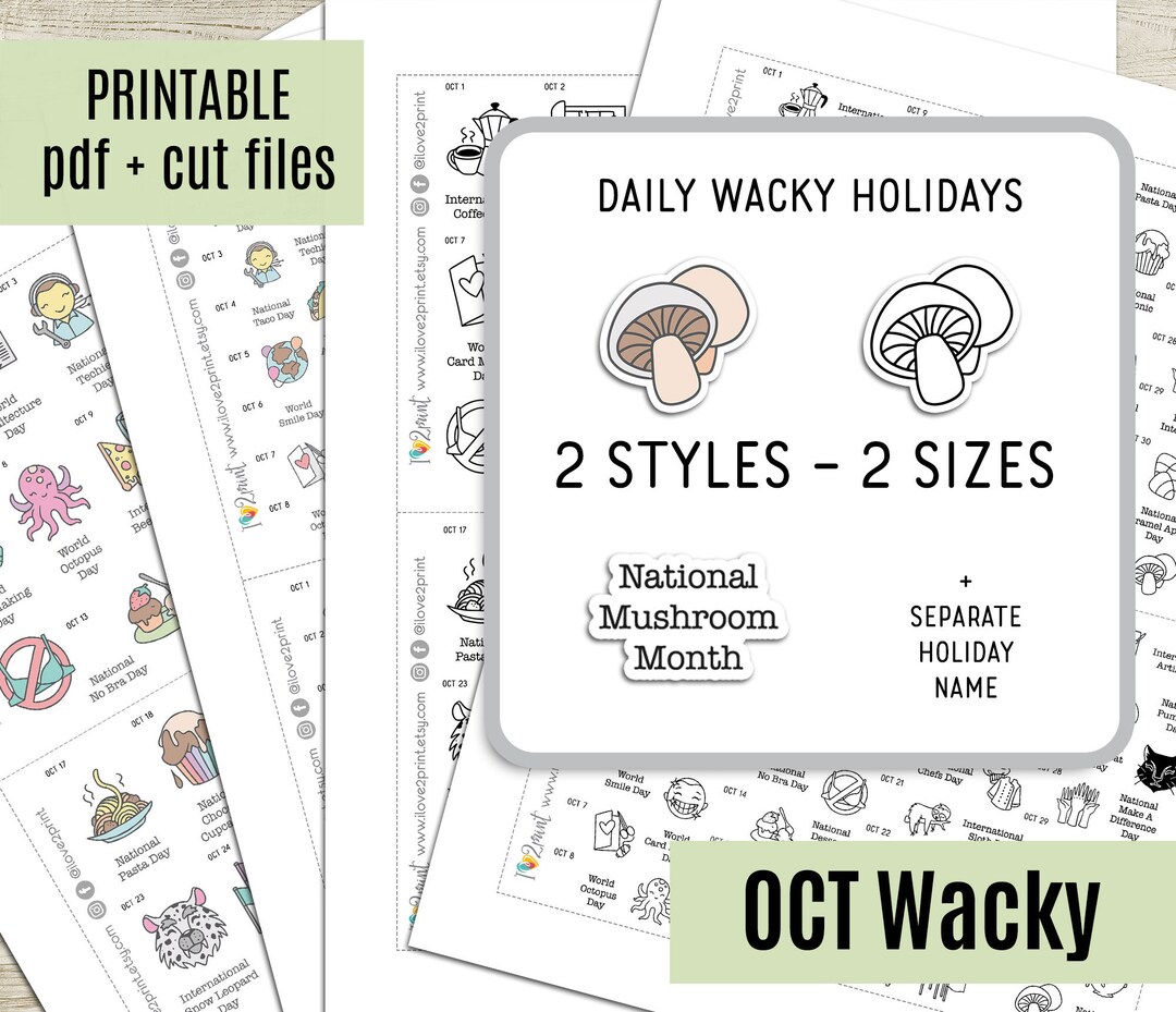 OCTOBER Daily Wacky Holidays Icons Planner Stickers, Hand-drawn ...
