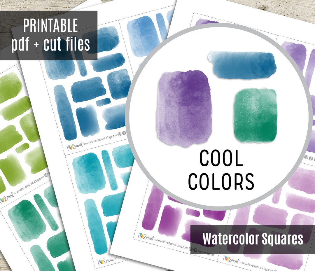 Watercolor Squares Planner Stickers, COOL Colors Printable Stickers ...