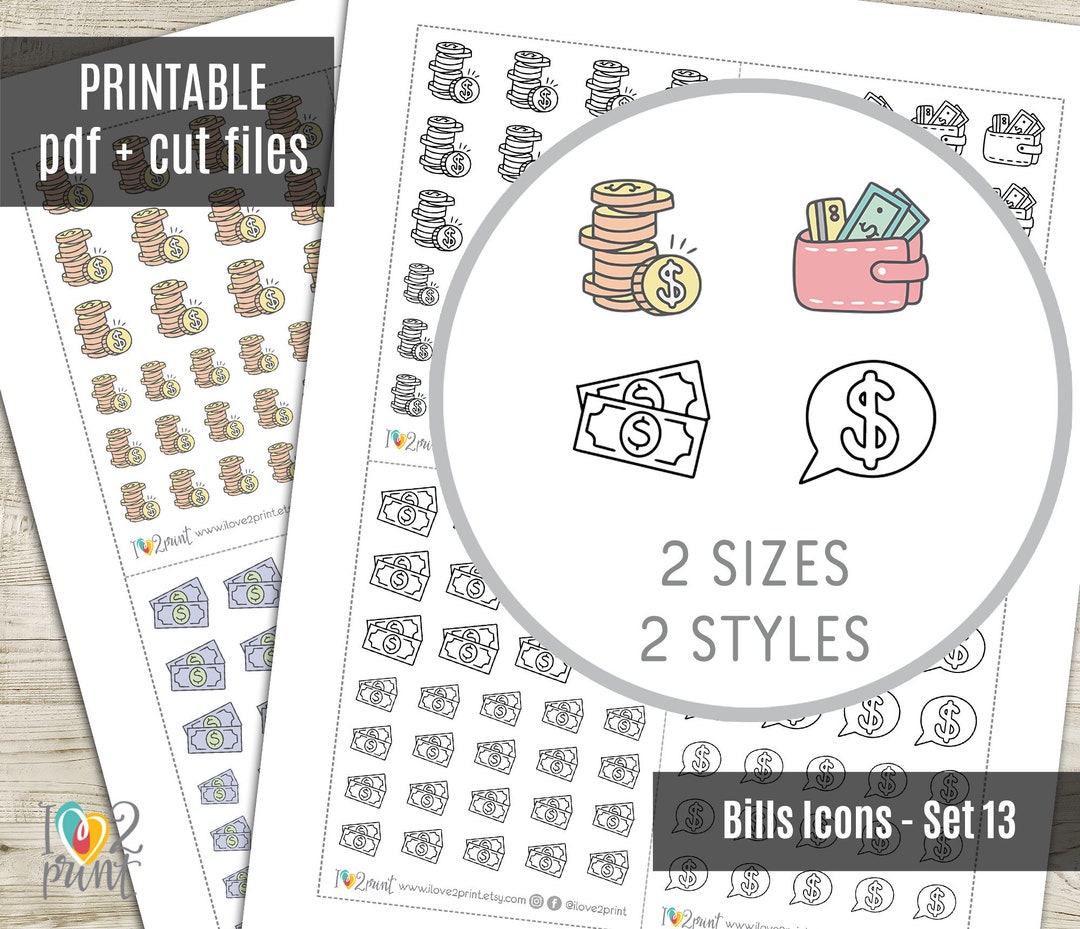 Budget Bills Icons Planner Stickers, Hand-drawn Coins, Wallet, Dollar ...