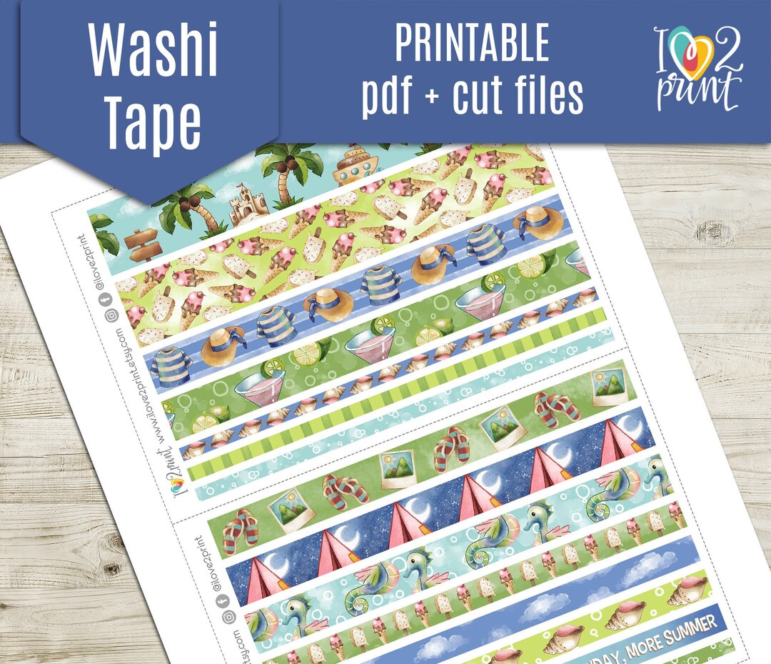 Summer Watercolor Washi Tape Printable Planner Stickers, Washi Tape ...