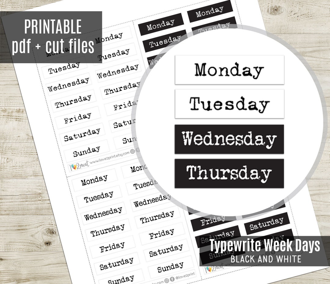 Week Days Typewrite Planner Stickers Black and White, Week Script ...