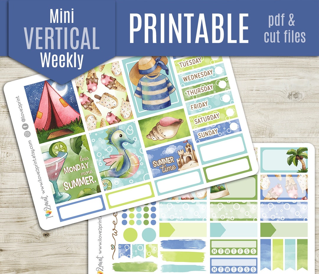 Summer Watercolor Vertical Mini Weekly Planner Stickers, Summer ...