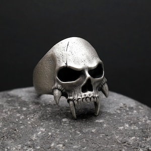 Vampire Skull Mens Ring, Sterling Silver 925 Matte Look, Biker Style ...