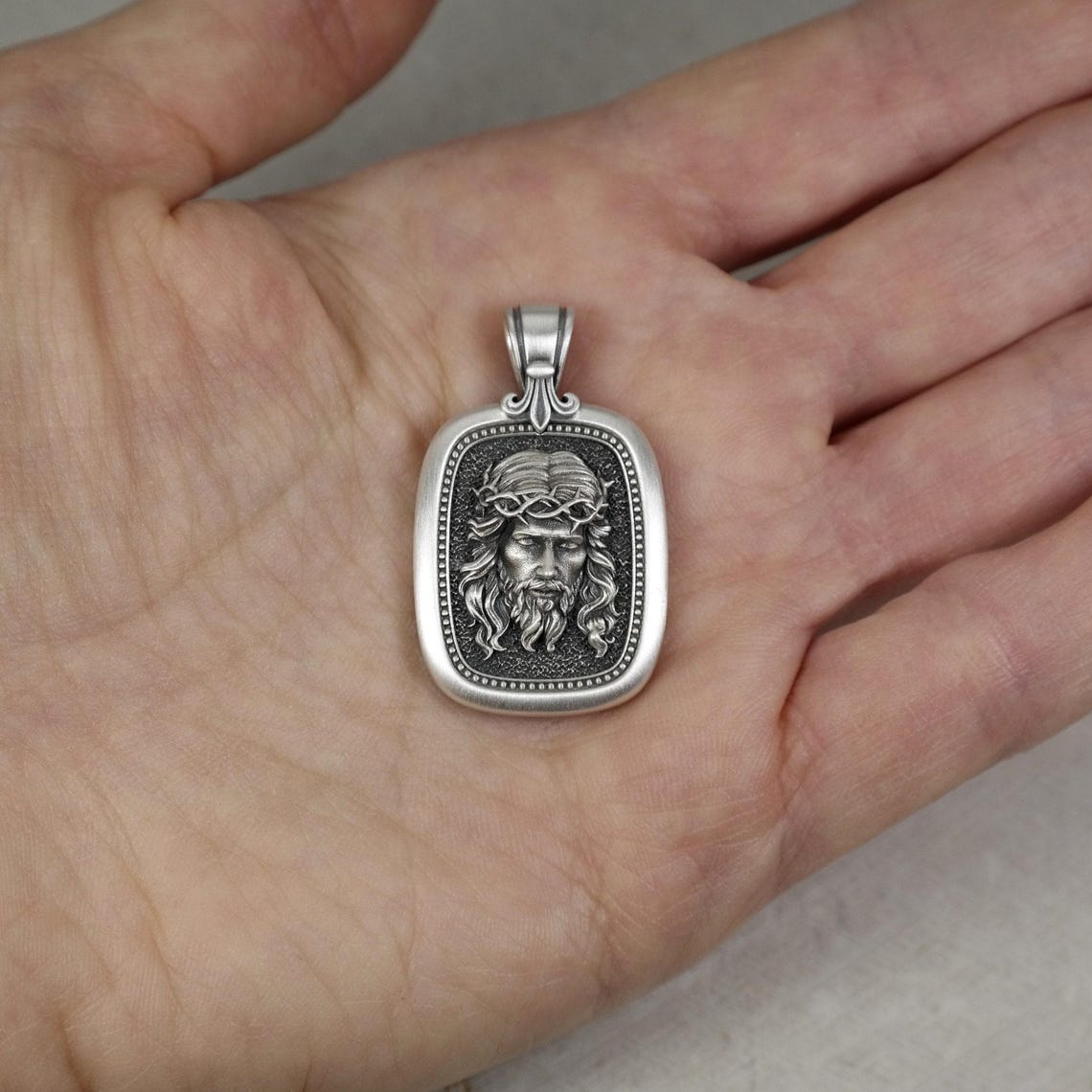 Jesus Christ Crown of Thorns Charm Necklace for Men, Sterling Silver ...