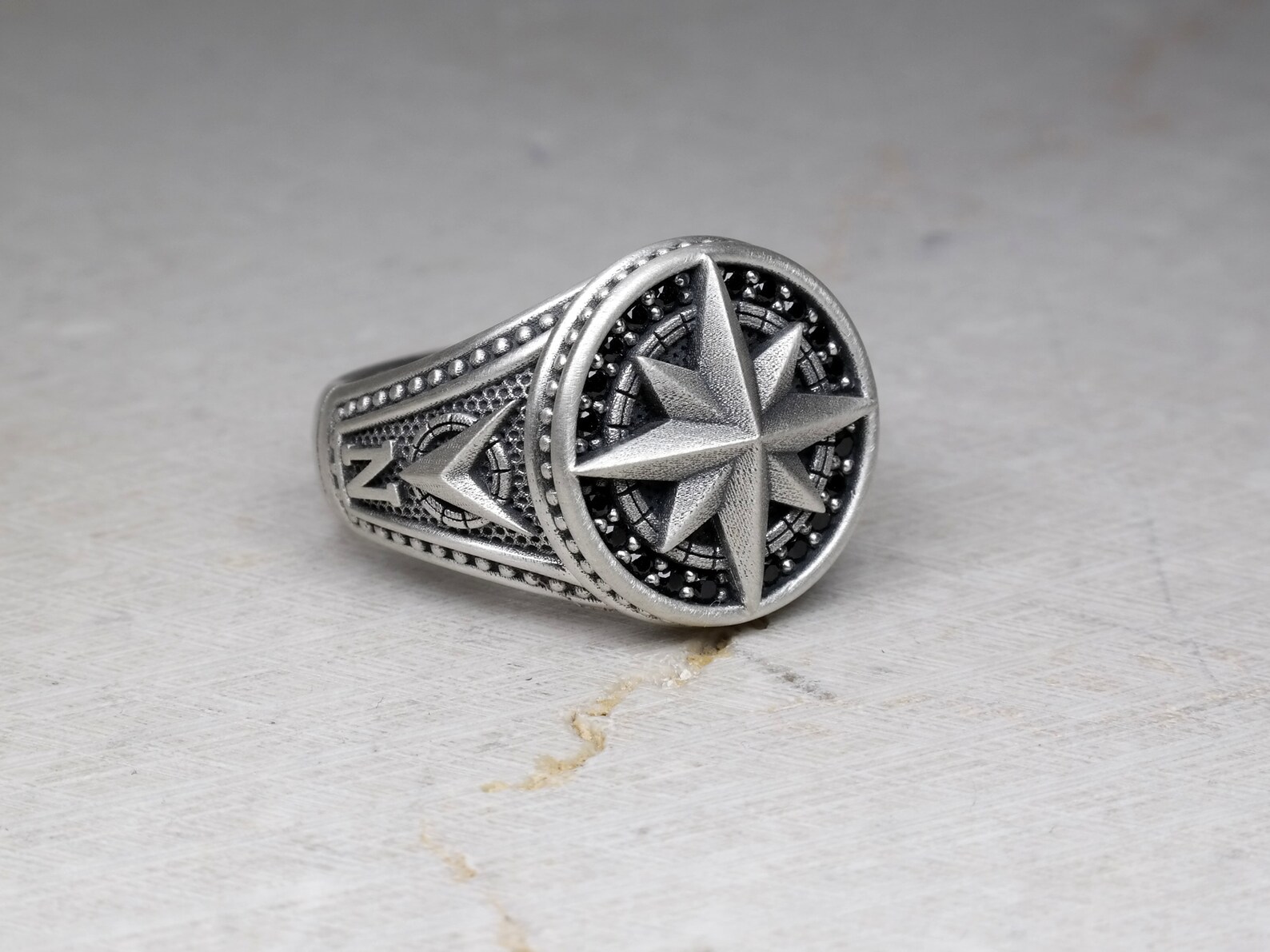 Round Signet Ring North Star Compass Wind Rose Real Sterling - Etsy