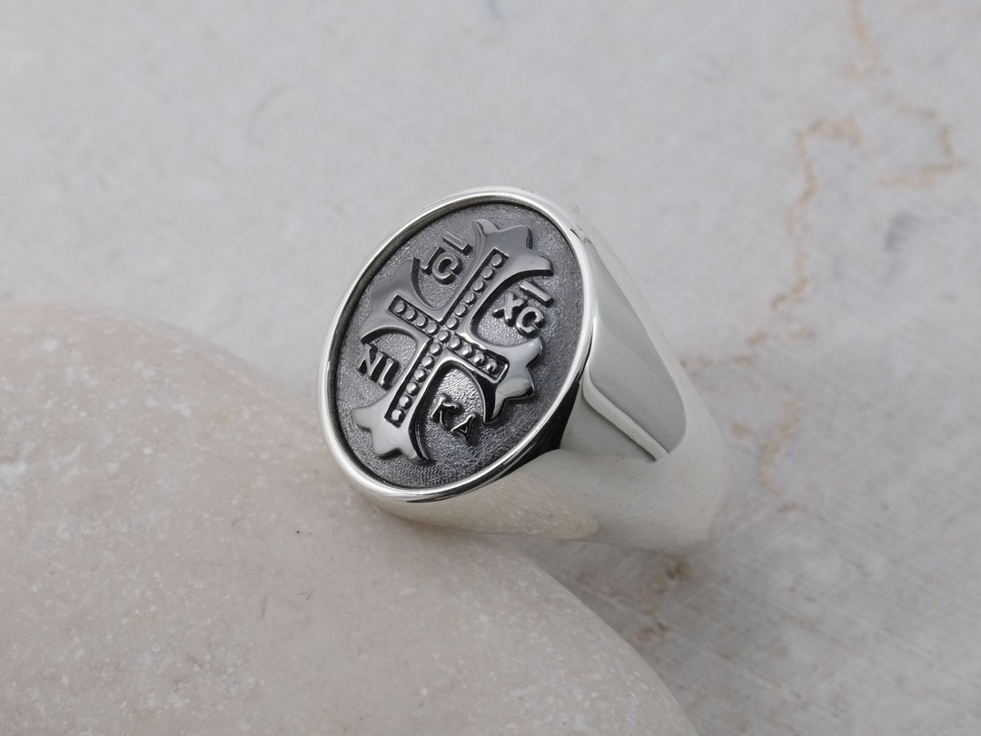 Oval, IC XC NIKA, Sterling Silver Ring, Black Rhodium Cross, Signet ...