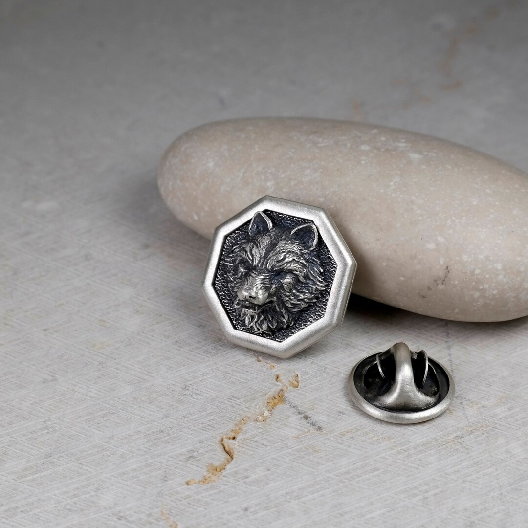 Octagon Pin Wolf, Sterling Silver 925, Men's Brooch Pin, Wolf Head ...