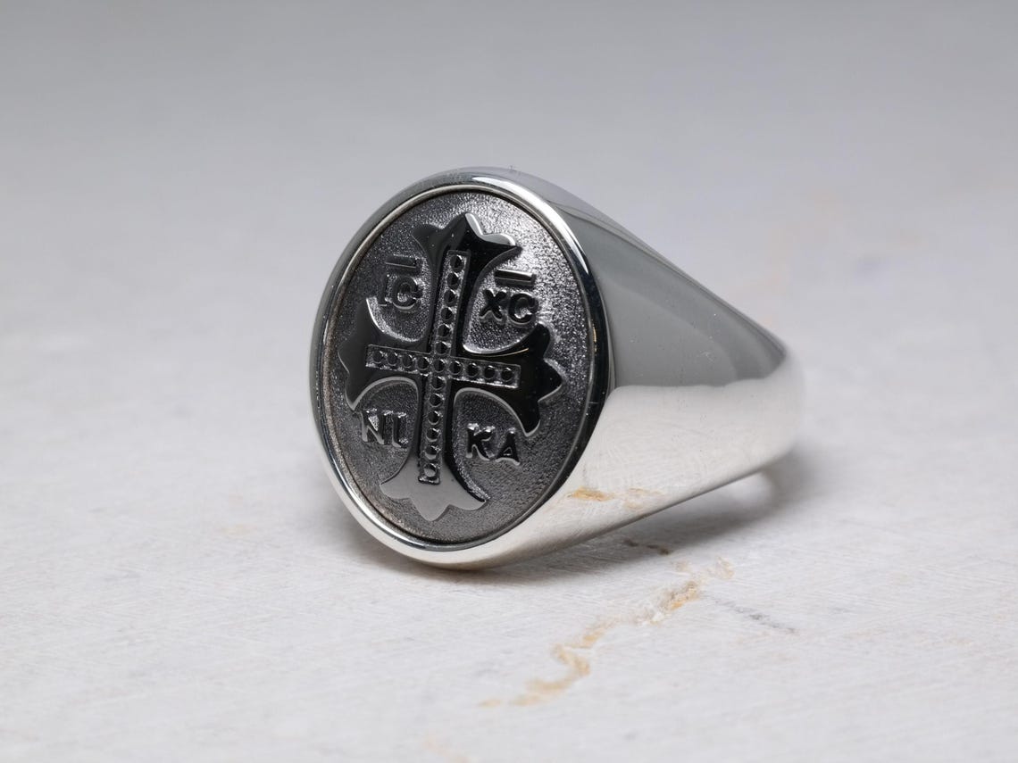 Oval, IC XC NIKA, Sterling Silver Ring, Black Rhodium Cross, Signet ...