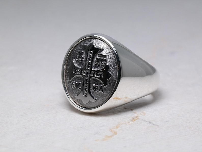Oval, IC XC NIKA, Sterling Silver Ring, Black Rhodium Cross, Signet ...